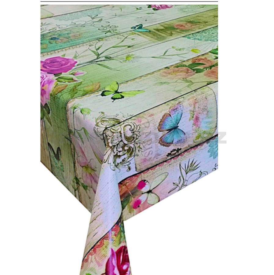 Ubrus metráž růže a motýli na dřevěných deskách | tapety-folie.cz